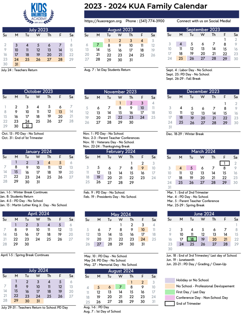KUA Calendar – Kids Unlimited Academy
